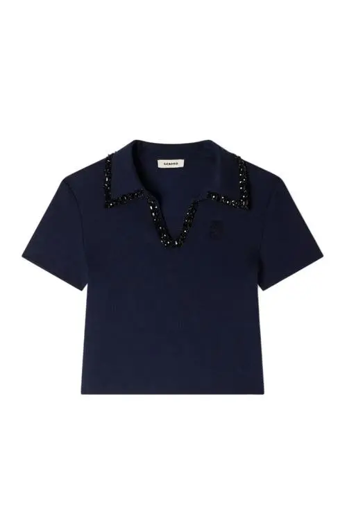 Sandro Cropped Polo With Beaded Collar