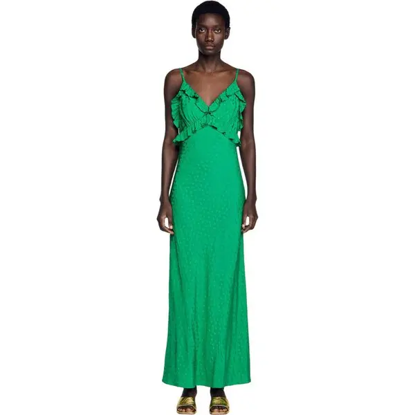 Sandro Jacquard Maxi Dress With Straps - Green