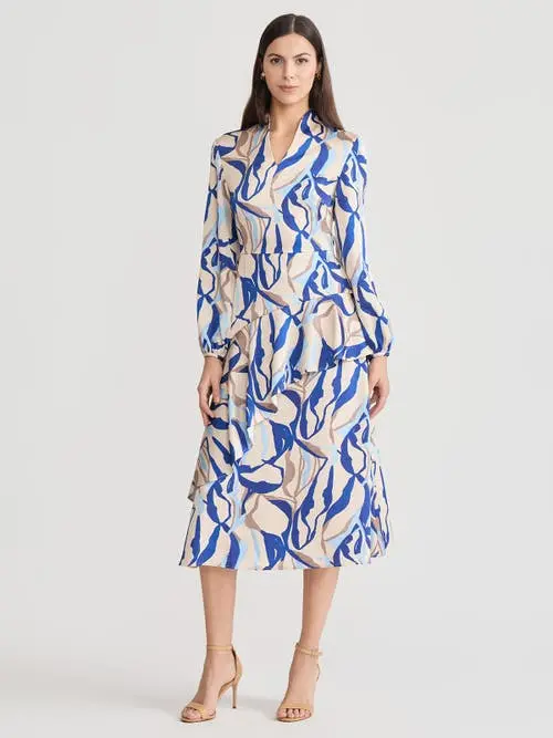 Misook Fit & Flare Printed Crepe De Chine Ruffle Maxi Dress - Biscotti/aegean Blue