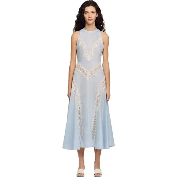 Sandro Maxi Dress With Lace - Ciel/blanc