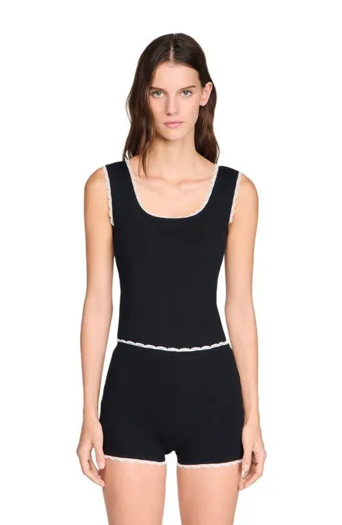 Sandro Beaded Embroidered Ribbed Shorts - Black