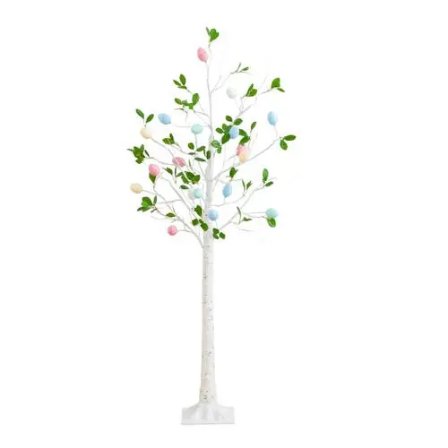 NEARLY NATURAL 5-ft Pre-lit Artificial Blooming Easter Egg Twig Tree With 18 Warm Led Lights - White