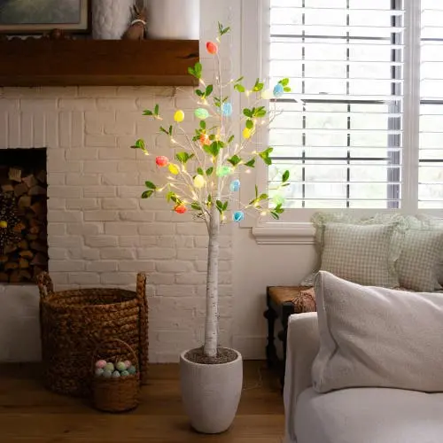 NEARLY NATURAL 5-ft Pre-lit Artificial Blooming Easter Egg Twig Tree With 18 Warm Led Lights
