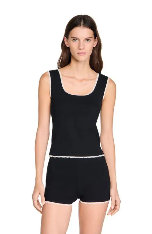 Sandro Beaded Embroidered Cotton Vest Top - Black