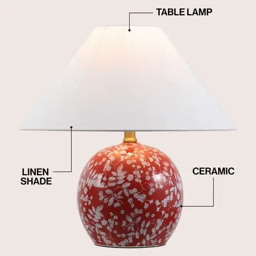 JONATHAN Y Felice Cottage Floral Ceramic Globe Led Table Lamp - Red/white