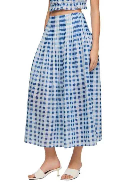 Sandro Long Gingham Linen Skirt - Blu/white