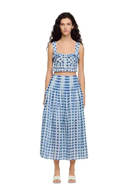 Sandro Long Gingham Linen Skirt - Blu/white