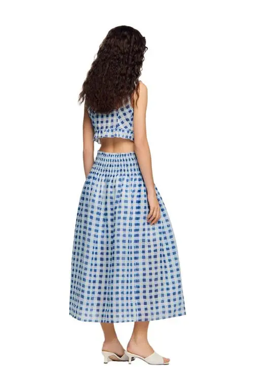 Sandro Long Gingham Linen Skirt - Blu/white