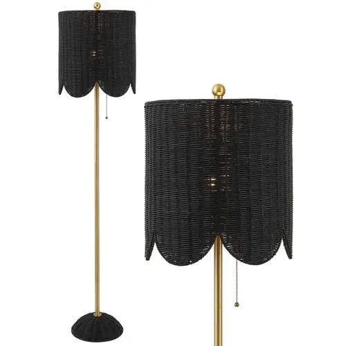 JONATHAN Y Joel Scallop Shade Rattan/metal Led Floor Lamp With Pull Chain - Black/brass Gold
