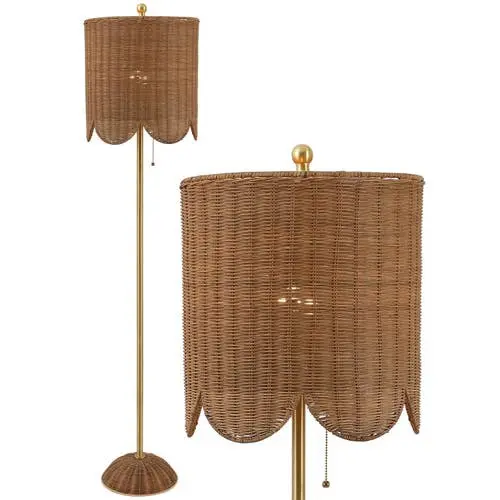 JONATHAN Y Joel Scallop Shade Rattan/metal Led Floor Lamp With Pull Chain - Brown/brass Gold