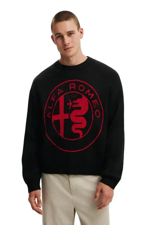 COTTON ON Alfa Romeo Box Fit Crew Knit - Lcn Alfa Romeo  Black