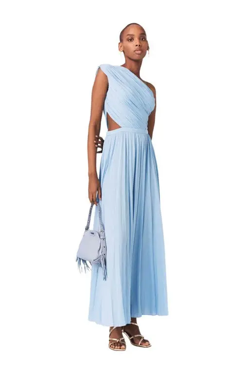 Maje Asymmetrical Pleated Maxi Dress - Blue Sky
