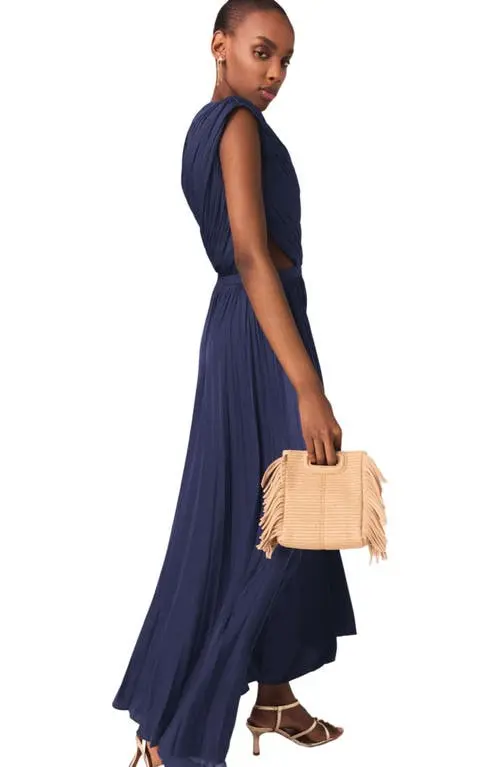 Maje Asymmetrical Pleated Maxi Dress - Navy
