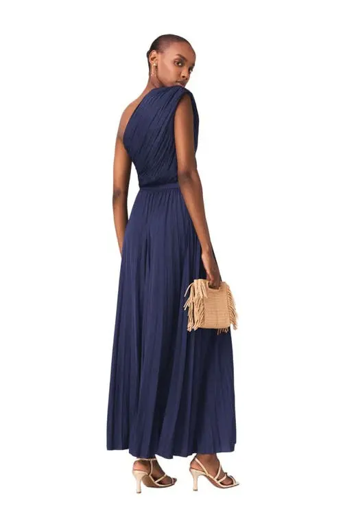 Maje Asymmetrical Pleated Maxi Dress - Navy