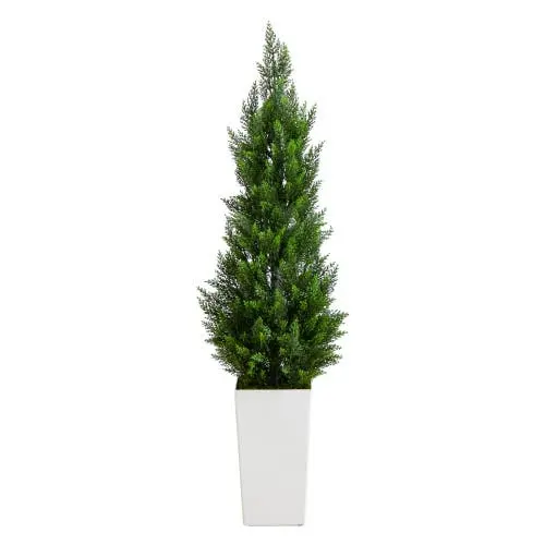 NEARLY NATURAL 4-ft Uv Resistant Artificial Cedar Tree In White Tower Planter - Green
