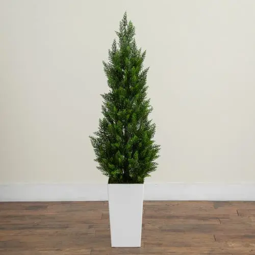 NEARLY NATURAL 4-ft Uv Resistant Artificial Cedar Tree In White Tower Planter