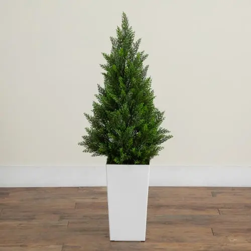 NEARLY NATURAL 3-ft Uv Resistant Artificial Cedar Tree In White Tower Planter