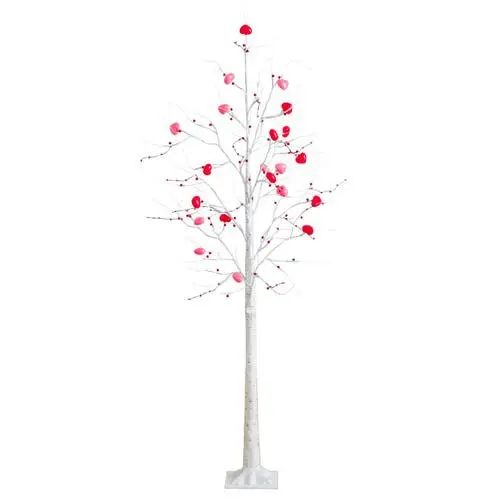 NEARLY NATURAL 6-ft Pre-lit Artificial Valentine's Day Twig Tree With 96 Heart Shaped Led Lights And Red Berries - White