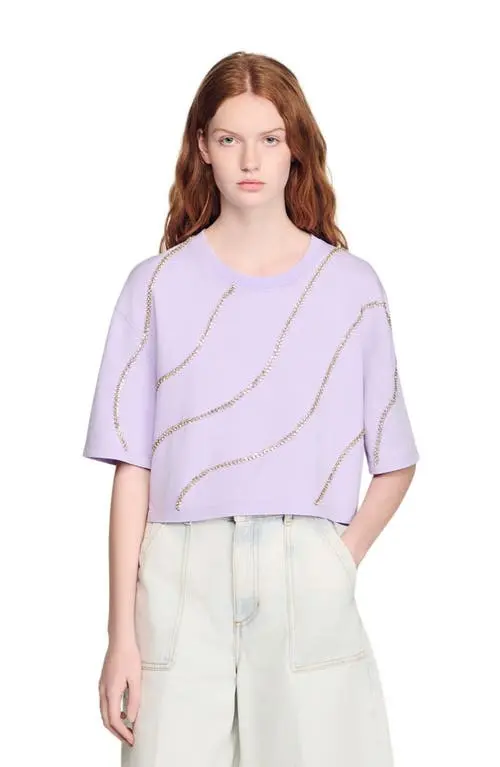 Sandro Rhinestone Trimmed Cropped T-shirt - Mauve