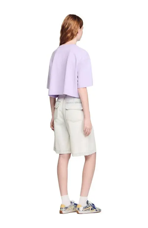 Sandro Rhinestone Trimmed Cropped T-shirt - Mauve