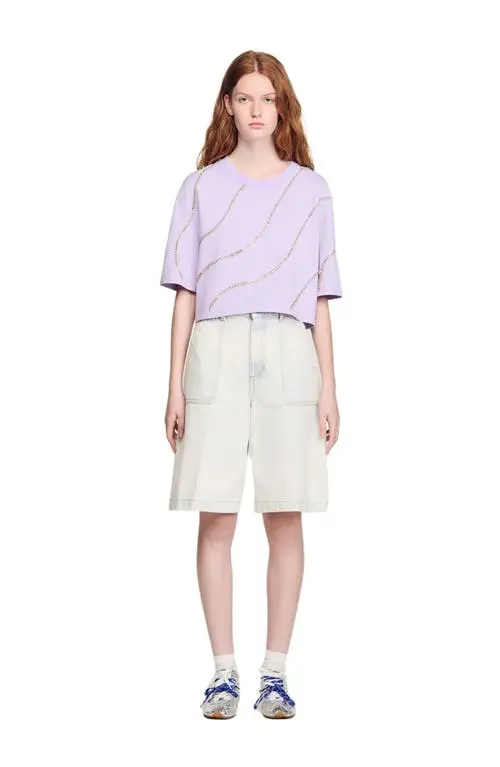 Sandro Rhinestone Trimmed Cropped T-shirt - Mauve