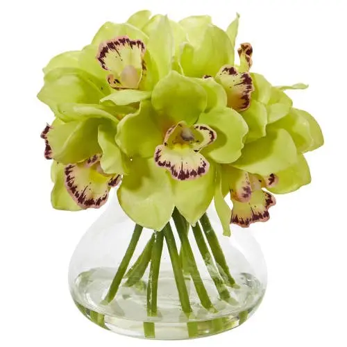 NEARLY NATURAL Cymbidium Orchid Artificial Arrangement In Glass Vase - Green