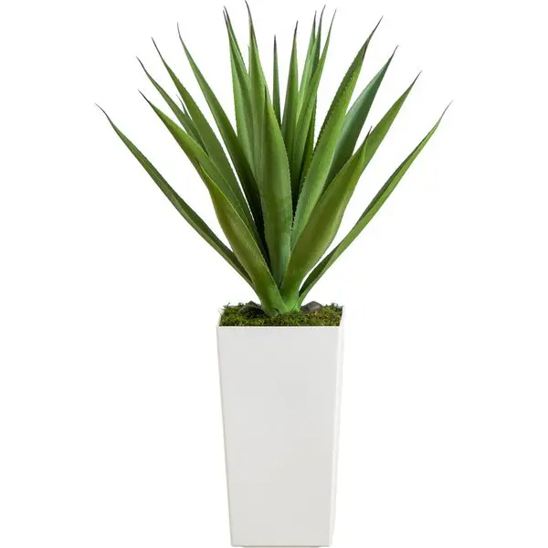 NEARLY NATURAL 27-in Uv Resistant Artificial Agave Plant In White Tower Planter - Green