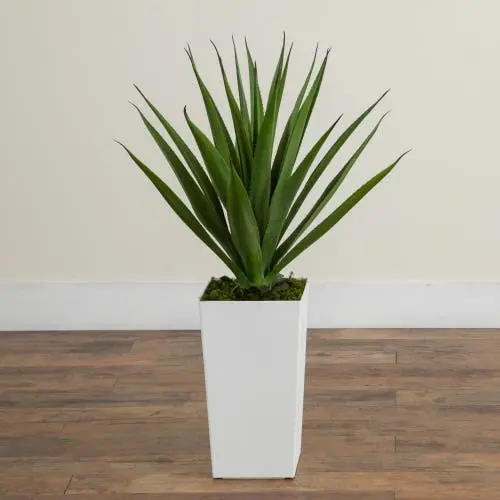 NEARLY NATURAL 27-in Uv Resistant Artificial Agave Plant In White Tower Planter