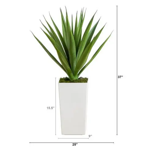 NEARLY NATURAL 27-in Uv Resistant Artificial Agave Plant In White Tower Planter