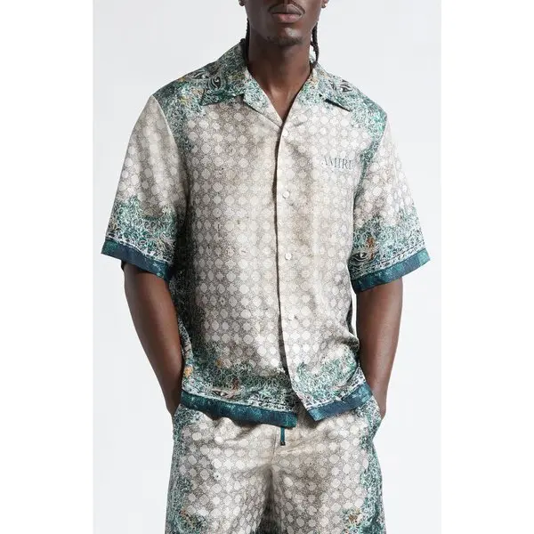 Amiri Monogram Bandana Print Silk Bowling Shirt