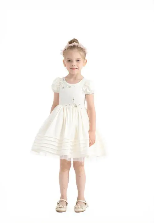 TULLEEN Embroidered Pleated Dress - Ivory