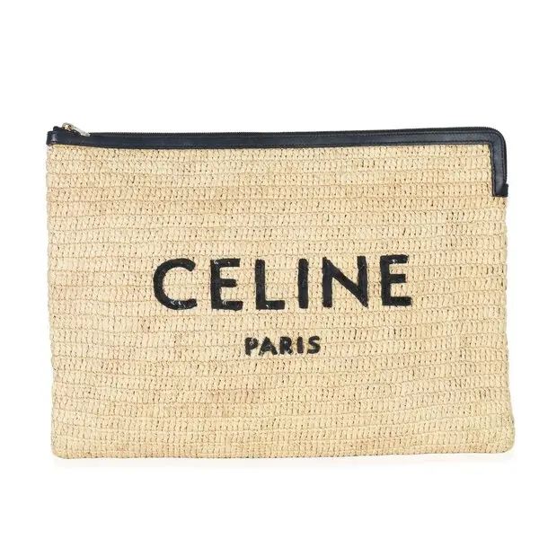 Celine Raffia Sequin Logo Clutch - Beige