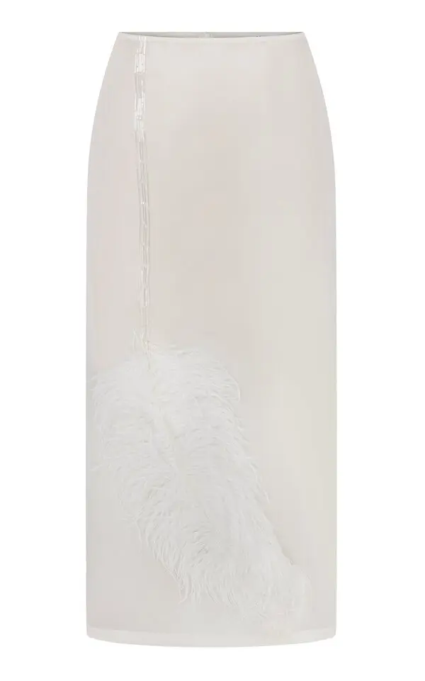 Ila Jemma Silk Organza Midi Skirt With Leaf Feather Detail - White