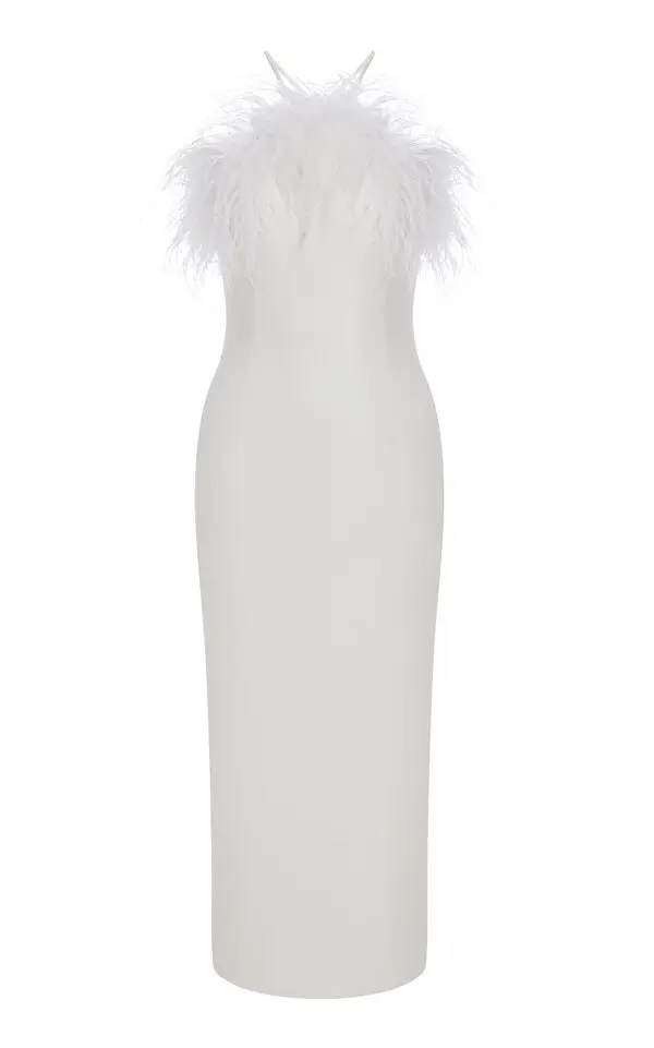 Ila Bex Triangle Neck Feathered Midi Dress - White