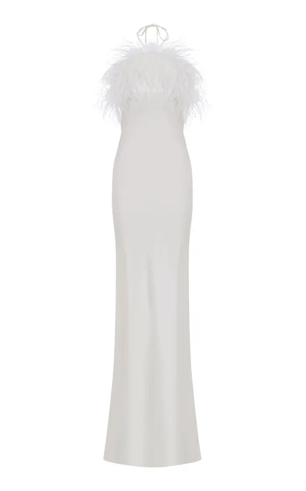 Ila Ada Triangle Neck Feathered Satin Maxi Dress - White
