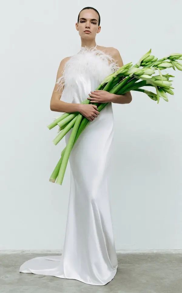 Ila Ada Feathered Satin Maxi Dress