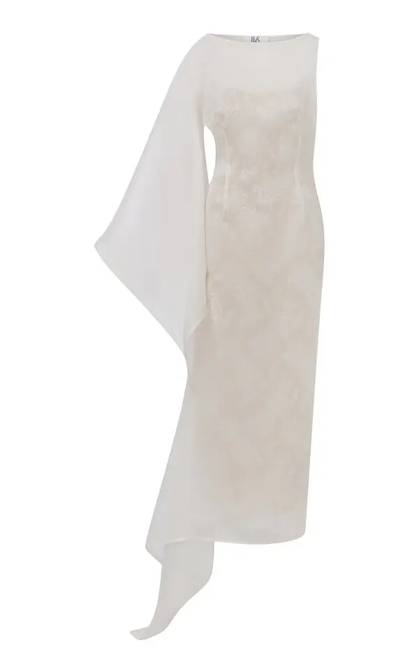 Ila Bea Silk Organza Boat Neck Midi Dress With Inner Lace Detail - White