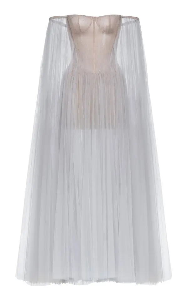 MONTSAND Tulle Off-shoulder Maxi Dress With Cape Effect
