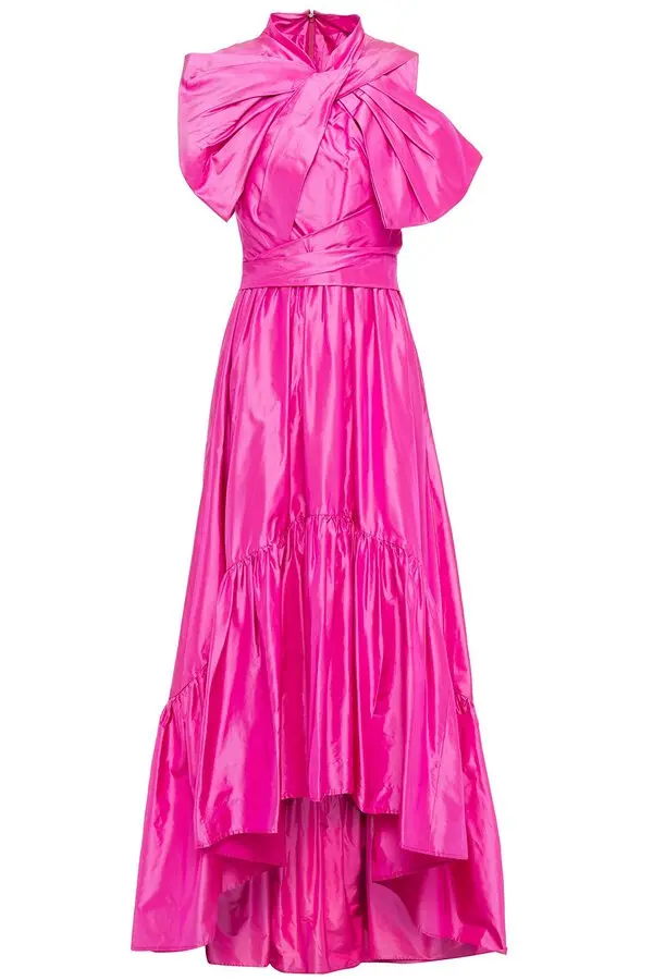 Talbot Runhof Asymmetric Bowdetailed Silktaffeta Gown - Bright Pink
