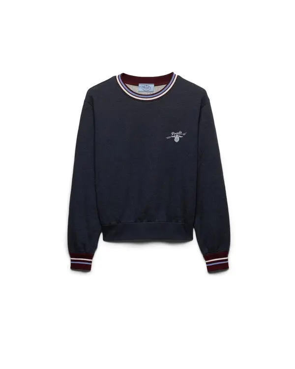Prada Cotton Fleece Crewneck Sweatshirt With Striped Accents - Blue