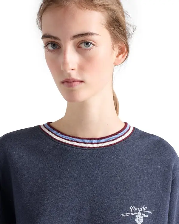 Prada Cotton Fleece Crewneck Sweatshirt With Striped Accents - Blue
