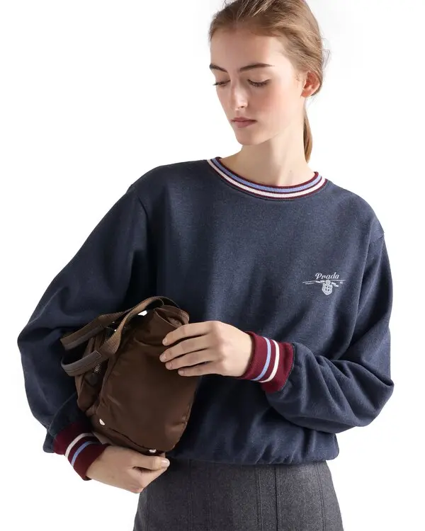 Prada Cotton Fleece Crewneck Sweatshirt With Striped Accents - Blue