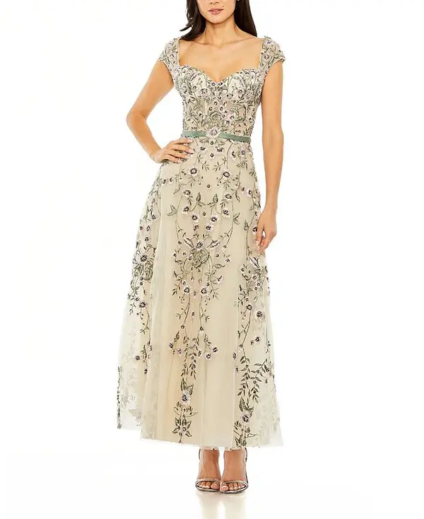 Mac Duggal Floral Embroidered Sweetheart Neckline Midi Dress - Nude Multi