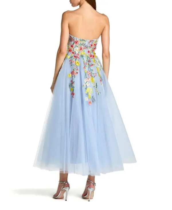 Mac Duggal Strapless Floral Embroidered A-line Midi Dress