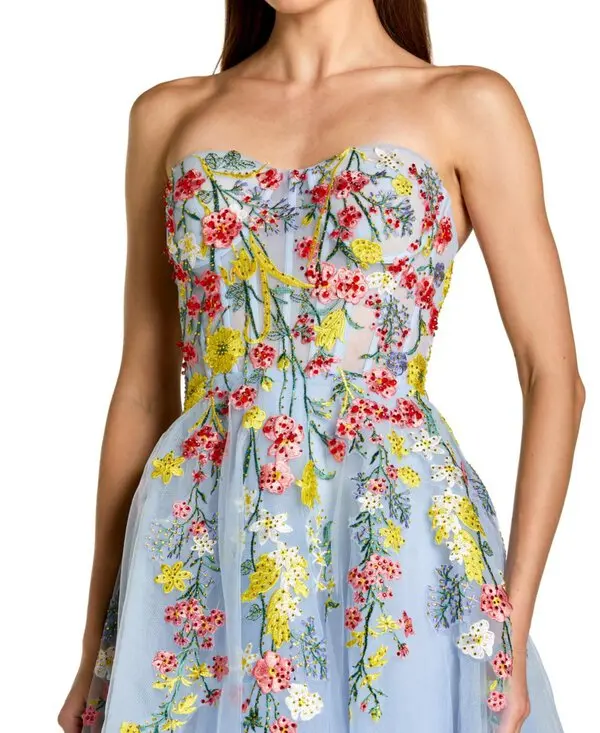 Mac Duggal Strapless Floral Embroidered A-line Midi Dress