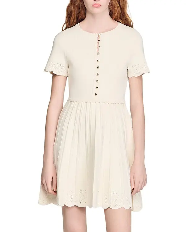 Sandro Knit Dress With Button Detail And Scalloped Hem - Ecru