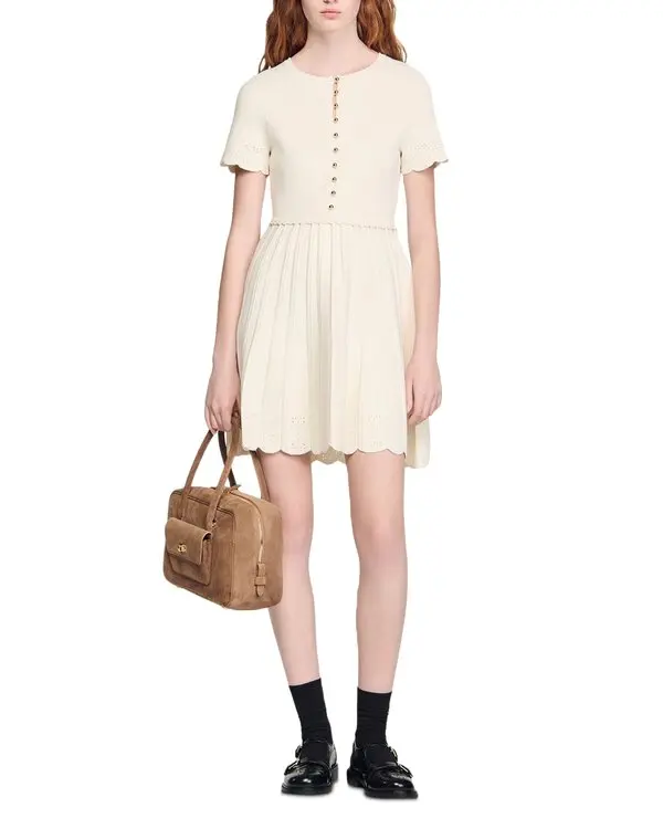 Sandro Knit Dress With Button Detail And Scalloped Hem - Ecru