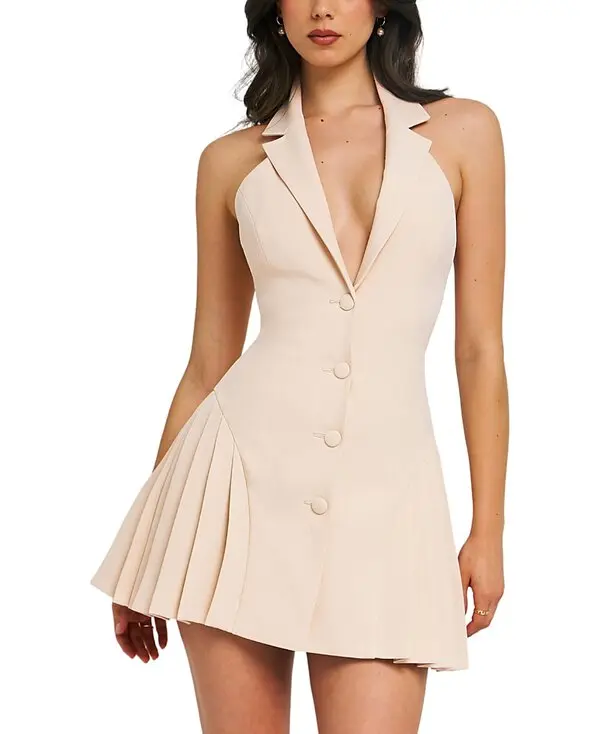 MISS CIRCLE Reyna Halter Neck Pleated Mini Blazer Dress - Beige