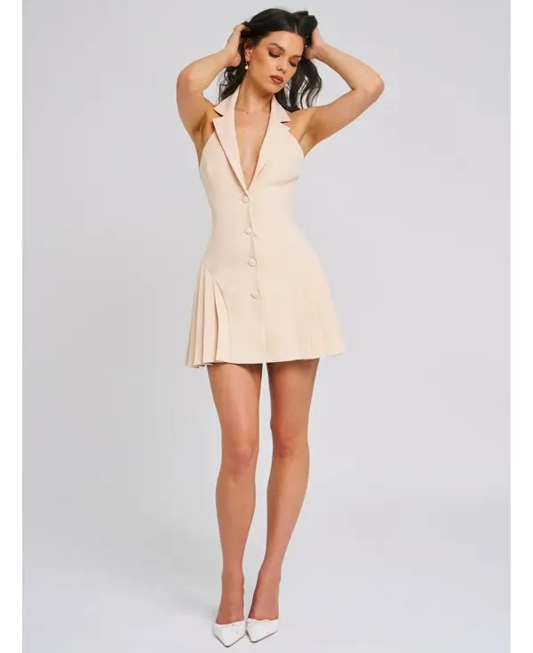 halter neck blazer dress Miss Circle Reyna Beige Backless Pleated Mini XXS upload-20220811