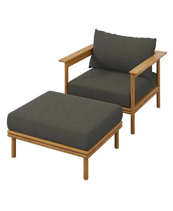MODWAY Wren Outdoor Patio Teak Wood Armchair And Ottoman, Set Of 2 - Natural Flint Gray